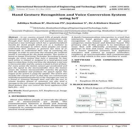 Irjet Hand Gesture Recognition And Voice Conversion System Using Iot