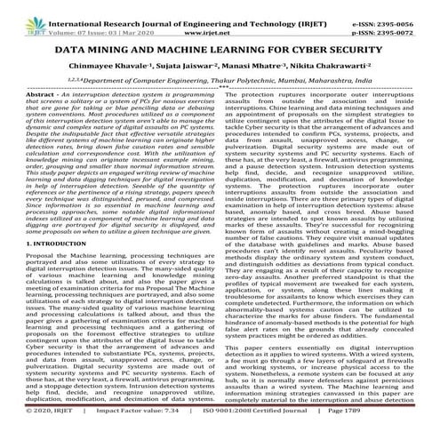 Irjet Data Mining And Machine Learning For Cyber Security Pdf