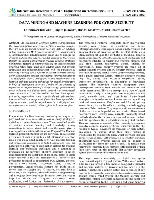 Irjet Data Mining And Machine Learning For Cyber Security Pdf