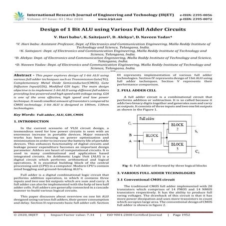 Irjet Design Of 1 Bit Alu Using Various Full Adder Circuits Pdf