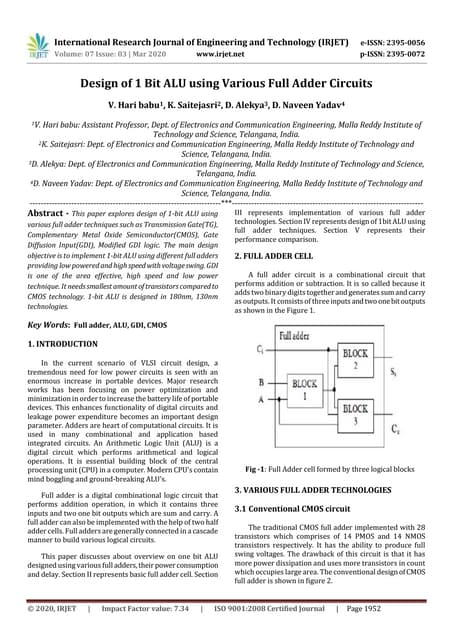 Irjet Design Of 1 Bit Alu Using Various Full Adder Circuits Pdf