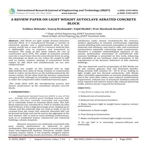 IRJET- A Review Paper on Light Weight Autoclave Aerated Concrete Block ...