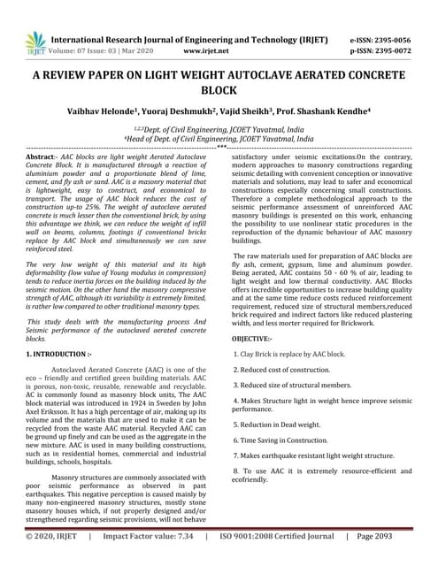 Autoclaved Aerated Concrete Bricks (AAC) Seminar Report. | DOCX