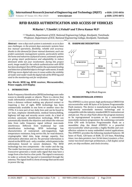 Irjet Rfid Based Authentication And Access Of Vehicles Pdf