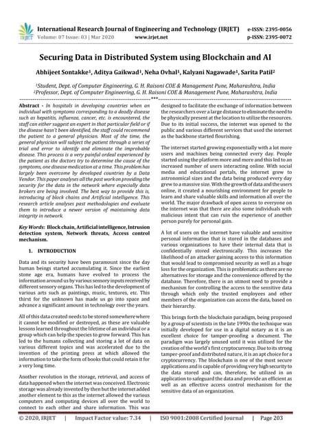 Irjet Securing Data In Distributed System Using Blockchain And Ai