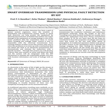 Irjet Smart Overhead Transmission Line Physical Fault Detection By Iot Pdf