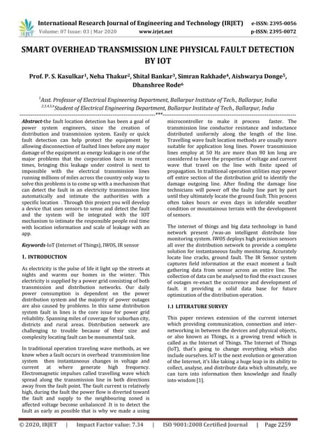 Irjet Smart Overhead Transmission Line Physical Fault Detection By Iot Pdf
