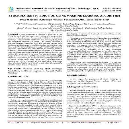 Irjet Stock Market Prediction Using Machine Learning Algorithm Pdf