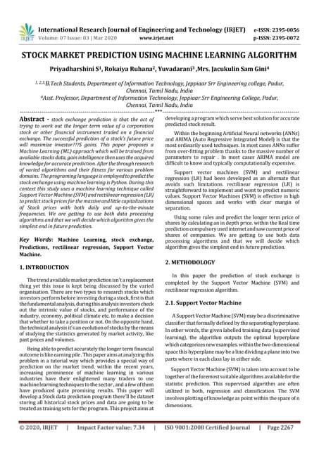 Irjet Stock Market Prediction Using Machine Learning Algorithm Pdf