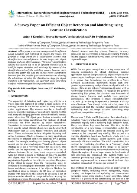 Irjet A Survey Paper On Efficient Object Detection And Matching Using Feature Classification Pdf