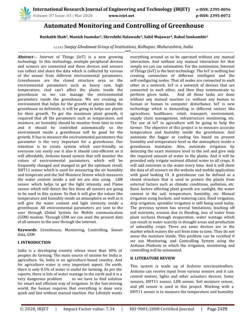 Irjet Automated Monitoring And Controlling Of Greenhouse Pdf