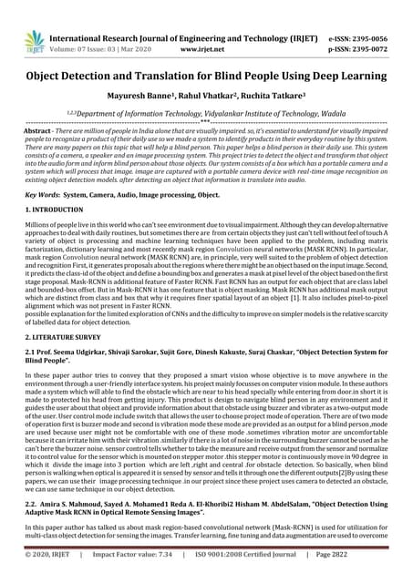 Irjet Object Detection And Translation For Blind People Using Deep