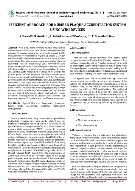 Irjet Efficient Approach For Number Plaque Accreditation System Using Wiki Devices Pdf 4141