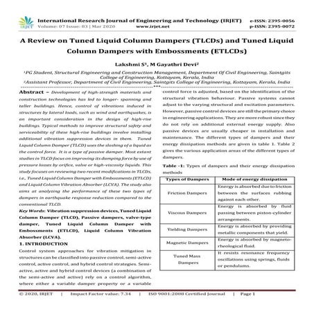 IRJET - A Review on Tuned Liquid Column Dampers (TLCDS) and Tuned ...
