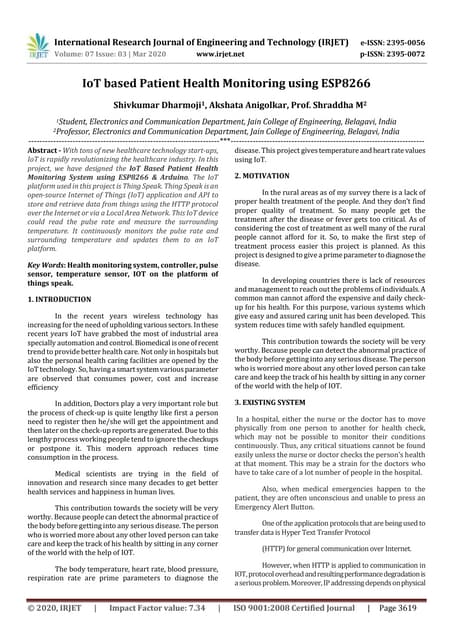 Irjet Iot Based Patient Health Monitoring Using Esp8266 Pdf