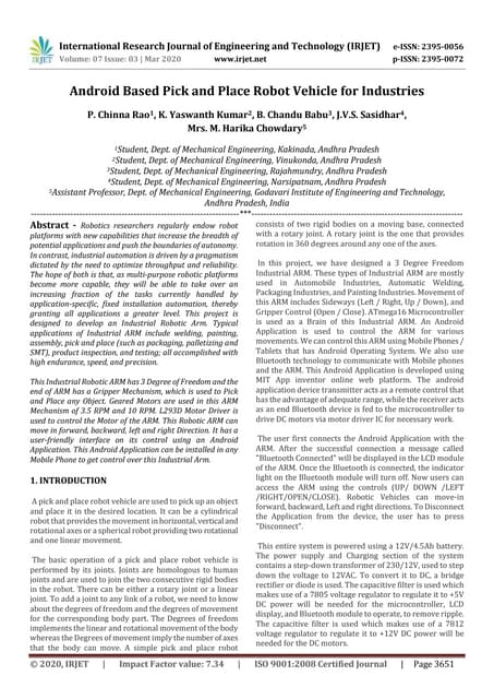 Irjet Android Based Pick And Place Robot Vehicle For Industries Pdf