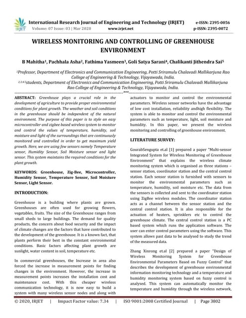 Irjet Wireless Monitoring And Controlling Of Greenhouse Environment