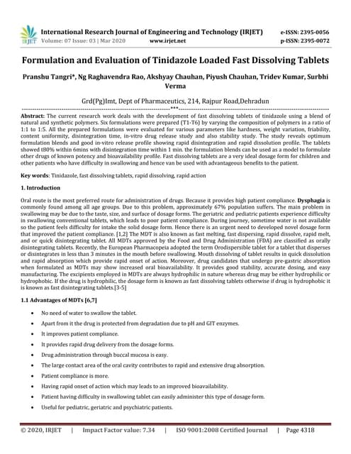 Formulation And Evaluation Of Fast Dissolving Tablets Pdf