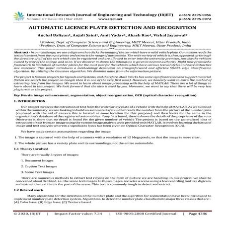 Irjet Automatic Licence Plate Detection And Recognition Pdf