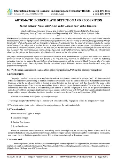Irjet Automatic Licence Plate Detection And Recognition Pdf