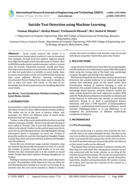 Irjet Suicidal Text Detection Using Machine Learning Pdf