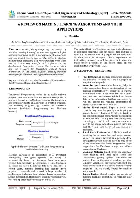 Irjet A Review On Machine Learning Algorithms And Their Applications
