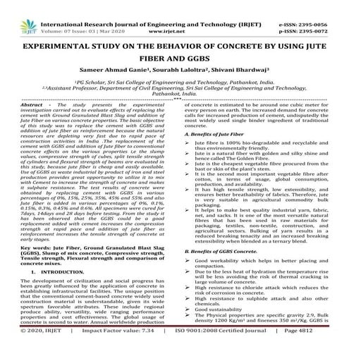IRJET - - Experimental Study on the Behavior of Concrete by using Jute Fiber and GGBS | PDF