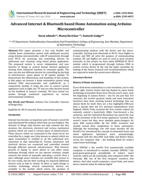 Irjet Advanced Internet And Bluetooth Based Home Automation Using