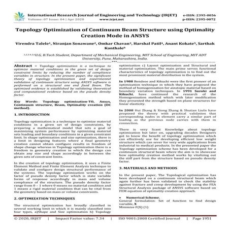 Irjet Topology Optimization Of Continuum Beam Structure Using Optimality Creation Mode In
