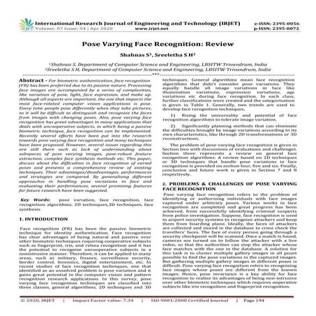 Irjet Pose Varying Face Recognition Review Pdf