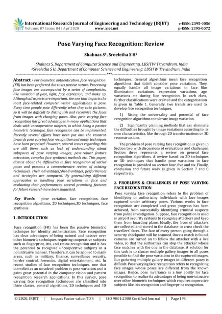 Irjet Pose Varying Face Recognition Review Pdf