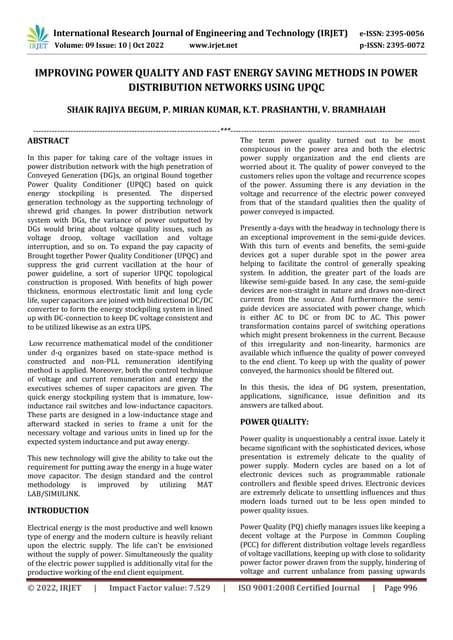 Improving Power Quality And Fast Energy Saving Methods In Power