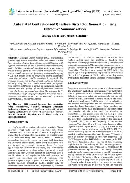 Automated Context Based Question Distractor Generation Using Extractive Summarization Pdf
