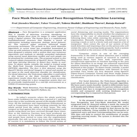 Face Mask Detection and Face Recognition Using Machine Learning | PDF ...