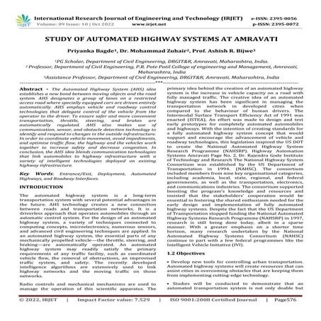 STUDY OF AUTOMATED HIGHWAY SYSTEMS AT AMRAVATI | PDF