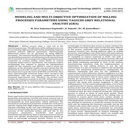 Modeling And Multi Objective Optimization Of Milling Processes