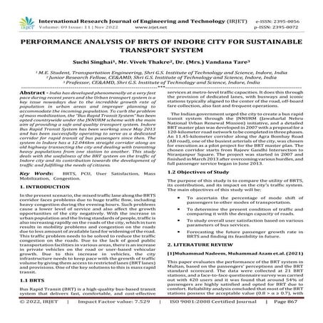 PERFORMANCE ANALYSIS OF BRTS OF INDORE CITY FOR SUSTAINABLE TRANSPORT ...