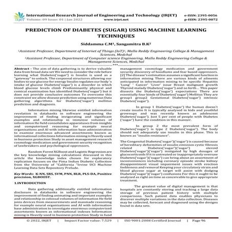 PREDICTION OF DIABETES (SUGAR) USING MACHINE LEARNING TECHNIQUES | PDF