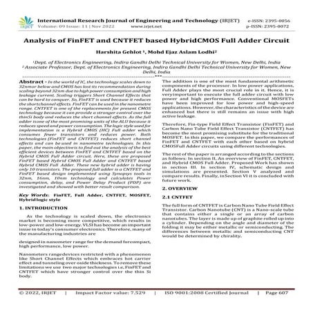 Analysis of FinFET and CNTFET based HybridCMOS Full Adder Circuit | PDF