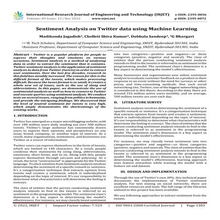 Sentiment Analysis on Twitter data using Machine Learning | PDF