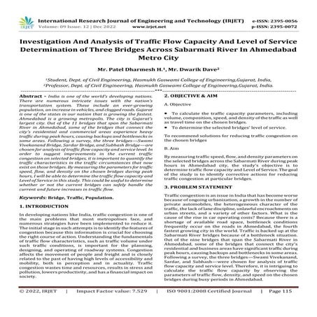 Investigation And Analysis of Traffic Flow Capacity And Level of Service Determination of Three ...