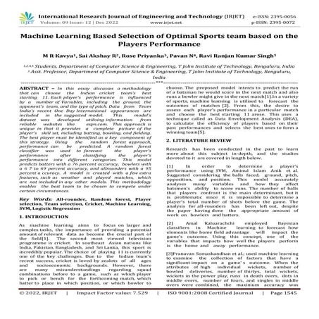 Machine Learning Based Selection of Optimal Sports team based on the Players Performance | PDF