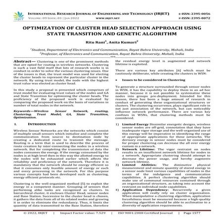 Optimization Of Cluster Head Selection Approach Using State Transition 9051