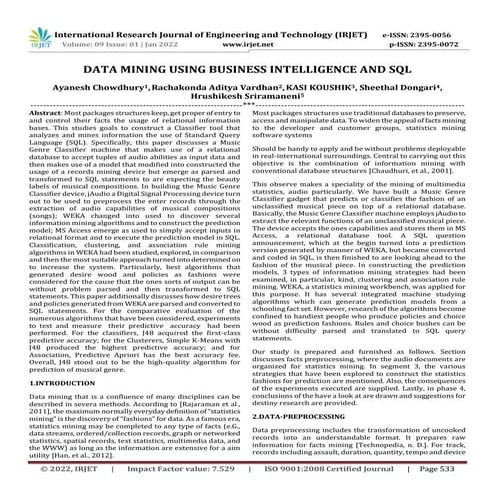 DATA MINING USING BUSINESS INTELLIGENCE AND SQL | PDF