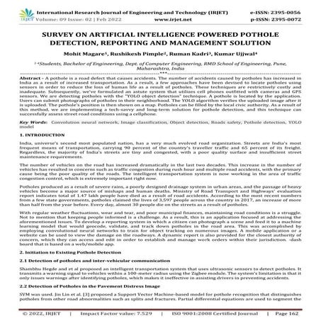 Survey On Artificial Intelligence Powered Pothole Detection Reporting And Management Solution Pdf