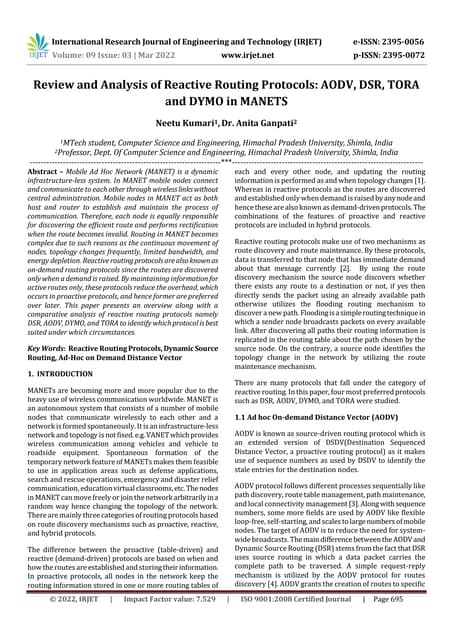 Review And Analysis Of Reactive Routing Protocols Aodv Dsr Tora And