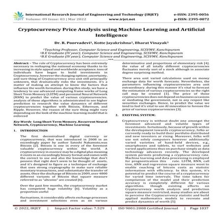 Cryptocurrency Price Analysis using Machine Learning and Artificial ...