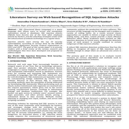 Literature Survey On Web Based Recognition Of Sql Injection Attacks Pdf