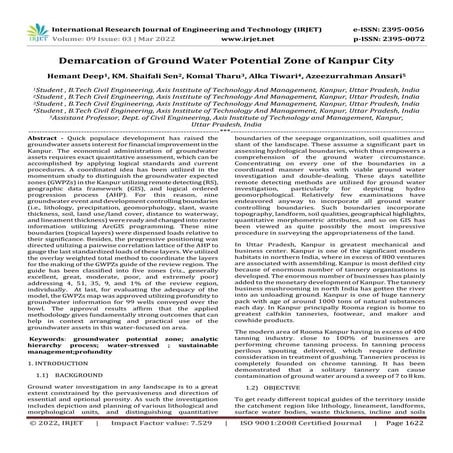 Demarcation of Ground Water Potential Zone of Kanpur City | PDF