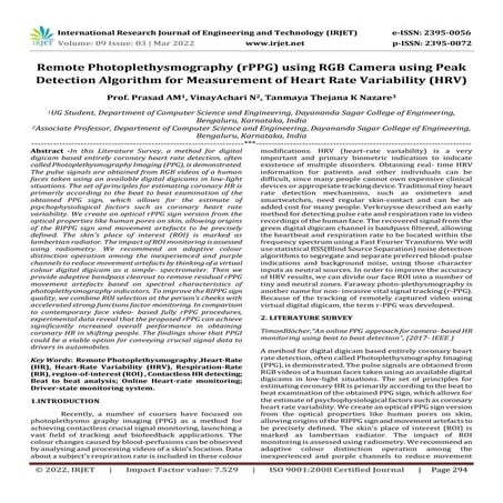 Remote Photoplethysmography (rPPG) using RGB Camera using Peak ...